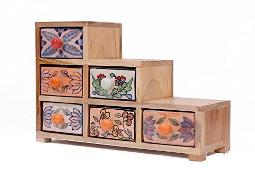 Tyagi-Export -Staircase 6 Drawer Wide Ceramic Organizer Storage Cabinet Chest of Drawers Unique Pottery Wooden Drawer Box Drawers 14 x 4.5 x 9 Inch