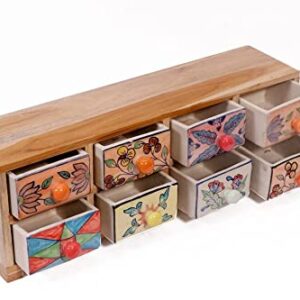 Tyagi-Export -8 Drawer Wide Ceramic Organizer Storage Cabinet Chest of Drawers Unique Pottery Wooden Drawer Box Drawers 10.5 x 3 x 7 Inch