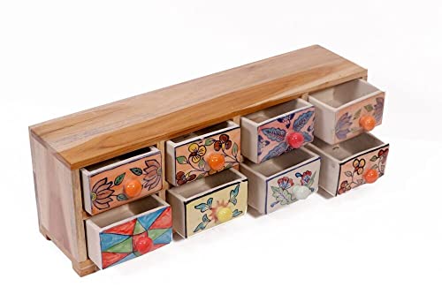 Tyagi-Export -8 Drawer Wide Ceramic Organizer Storage Cabinet Chest of Drawers Unique Pottery Wooden Drawer Box Drawers 10.5 x 3 x 7 Inch