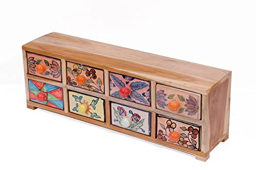 Tyagi-Export -8 Drawer Wide Ceramic Organizer Storage Cabinet Chest of Drawers Unique Pottery Wooden Drawer Box Drawers 10.5 x 3 x 7 Inch