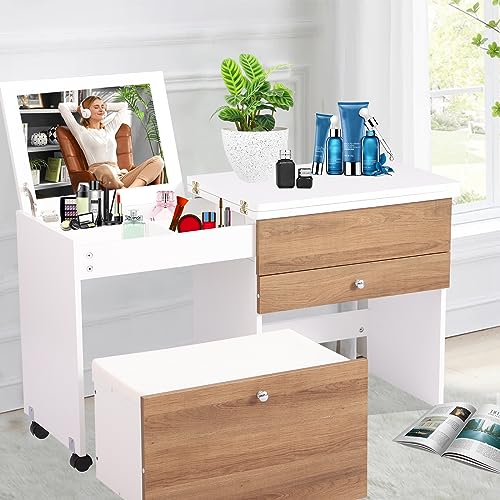 SAMERY Makeup Vanity Desk with Mirror and Drawers, Flip Top Vanity Table Set with Storage Cushioned Stool, 4 in 1 Wood Dressing Table for Women Girls for Bedroom, Short, White