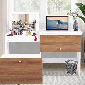 SAMERY Makeup Vanity Desk with Mirror and Drawers, Flip Top Vanity Table Set with Storage Cushioned Stool, 4 in 1 Wood Dressing Table for Women Girls for Bedroom, Short, White