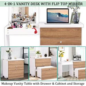 SAMERY Makeup Vanity Desk with Mirror and Drawers, Flip Top Vanity Table Set with Storage Cushioned Stool, 4 in 1 Wood Dressing Table for Women Girls for Bedroom, Short, White