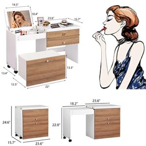 SAMERY Makeup Vanity Desk with Mirror and Drawers, Flip Top Vanity Table Set with Storage Cushioned Stool, 4 in 1 Wood Dressing Table for Women Girls for Bedroom, Short, White