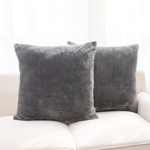 Cheer Collection Microsherpa Throw Pillow Set of 2 for Couch, Beds, Bedroom and Living Room - Ultra Soft and Fluffy, Elegant Home Decor, Velvet Stylish Accent Pillows - 18" x 18", Gray