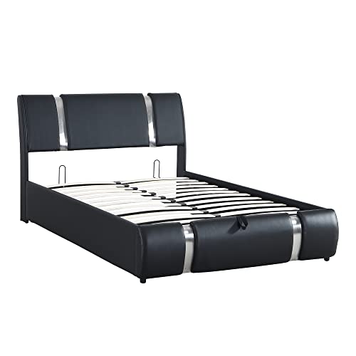 Full Size Upholstered Platform Bed, Modern Platform Bed with Faux Leather Headboard and a Hydraulic Storage System, No Box Spring Needed (Black)