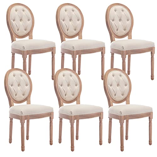 Bonzy Home French Country Dining Chairs Set of 6, Farmhouse Button Back Dining Room Chairs with Solid Wood Frame and Curved Backrest, French Bistro Chairs for Bedroom Kitchen Restaurant, Beige