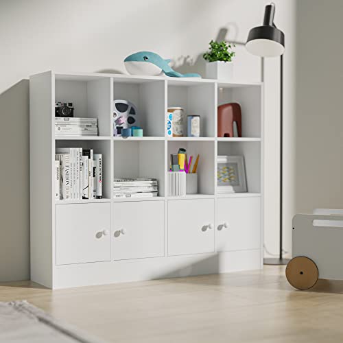 Cozy Castle White Bookshelf with 12 Cubes and 4 Doors, 2-Tier Open Shelf Bookcase with Anti-Tilt Device for Bedroom, Living Room