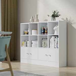 Cozy Castle White Bookshelf with 12 Cubes and 4 Doors, 2-Tier Open Shelf Bookcase with Anti-Tilt Device for Bedroom, Living Room