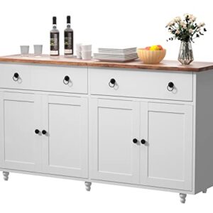 Buffet Cabinet Storage Sideboard with 2 Drawers and 4 Doors, 55" Modern Coffee Bar Cabinet with Storage, Credenza Kitchen Buffets Sideboards Cabinet Console Table for Dining Living Room, White