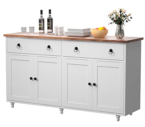 Buffet Cabinet Storage Sideboard with 2 Drawers and 4 Doors, 55" Modern Coffee Bar Cabinet with Storage, Credenza Kitchen Buffets Sideboards Cabinet Console Table for Dining Living Room, White