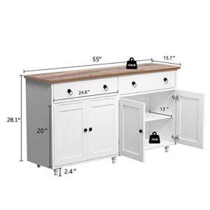 Buffet Cabinet Storage Sideboard with 2 Drawers and 4 Doors, 55" Modern Coffee Bar Cabinet with Storage, Credenza Kitchen Buffets Sideboards Cabinet Console Table for Dining Living Room, White