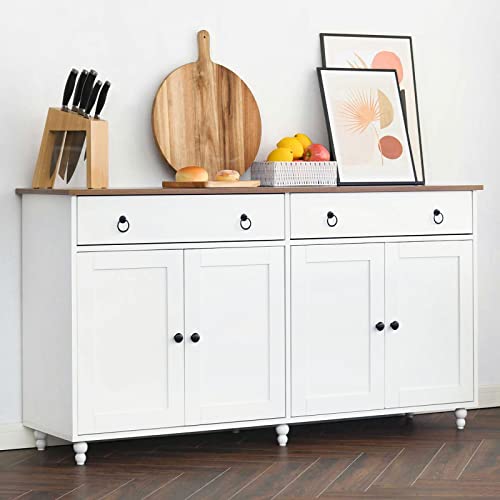 Buffet Cabinet Storage Sideboard with 2 Drawers and 4 Doors, 55" Modern Coffee Bar Cabinet with Storage, Credenza Kitchen Buffets Sideboards Cabinet Console Table for Dining Living Room, White