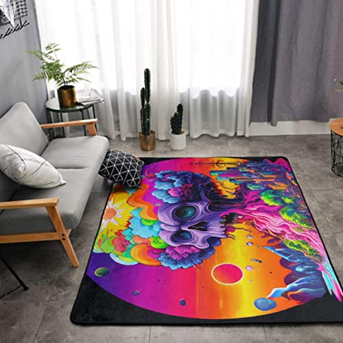 Memory Foam Psychedelic Skull City Art Kitchen Rug Play Blanket Extra Large Yoga Mat, Anti-Slip Backing Nursery Rugs, Absorbent Indoor Outdoor Entryway Rug