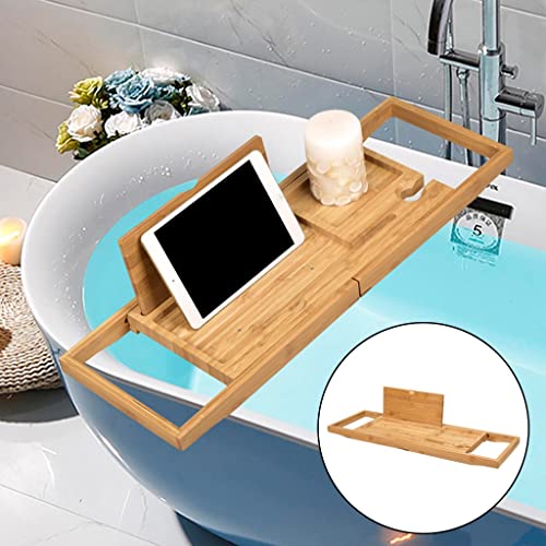 JGQGB Extendable Bath Tub Wooden Bathtub Bridge Shelf Organizer Tray with Book Stand for Home Hotel Spa Salon