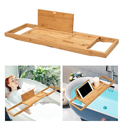 JGQGB Extendable Bath Tub Wooden Bathtub Bridge Shelf Organizer Tray with Book Stand for Home Hotel Spa Salon