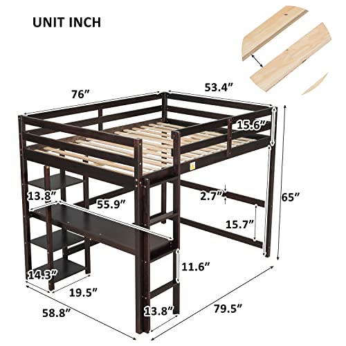 RUNWON Full Loft Bed with Desk and Shelves, Safety Guardrail, Ladder for Kids Teens Bedroom