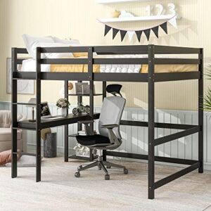 RUNWON Full Loft Bed with Desk and Shelves, Safety Guardrail, Ladder for Kids Teens Bedroom