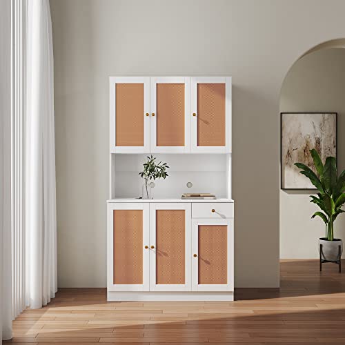 Holaki 71"Buffet Hutch Cabinet Freestanding Kitchen Sideboard Pantry Cabinet Cupboard Wood Versatile Wardrobe & Kitchen Cabinet,Craft Storage,Microwave Cabinet with 6 Doors,3 Shelves & 1 Drawer(White)