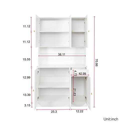 Holaki 71"Buffet Hutch Cabinet Freestanding Kitchen Sideboard Pantry Cabinet Cupboard Wood Versatile Wardrobe & Kitchen Cabinet,Craft Storage,Microwave Cabinet with 6 Doors,3 Shelves & 1 Drawer(White)