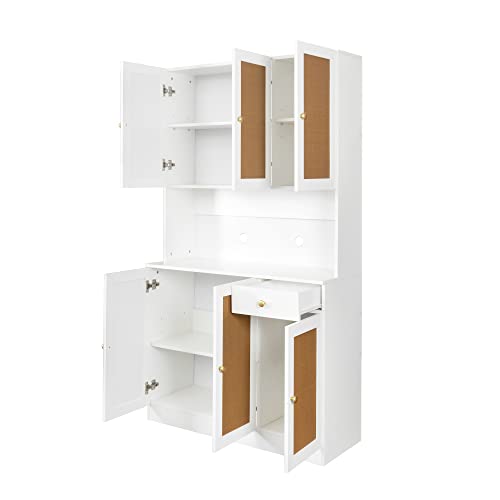 Holaki 71"Buffet Hutch Cabinet Freestanding Kitchen Sideboard Pantry Cabinet Cupboard Wood Versatile Wardrobe & Kitchen Cabinet,Craft Storage,Microwave Cabinet with 6 Doors,3 Shelves & 1 Drawer(White)