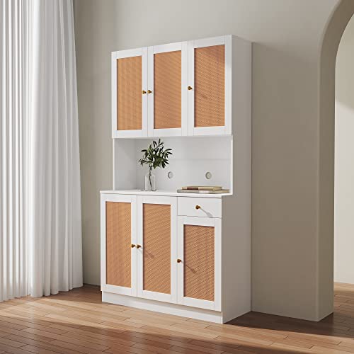 Holaki 71"Buffet Hutch Cabinet Freestanding Kitchen Sideboard Pantry Cabinet Cupboard Wood Versatile Wardrobe & Kitchen Cabinet,Craft Storage,Microwave Cabinet with 6 Doors,3 Shelves & 1 Drawer(White)