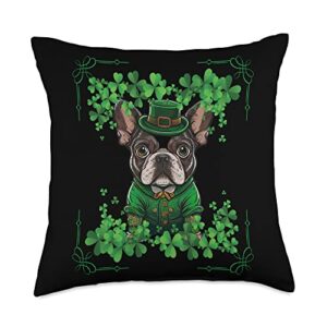 st patricks day french bulldog frenchie shamrocks throw pillow, 18x18, multicolor