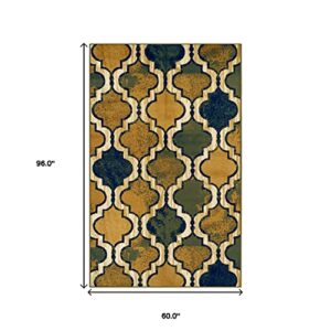 5' X 8' Green Quatrefoil Power Loom Distressed Stain Resistant Area Rug