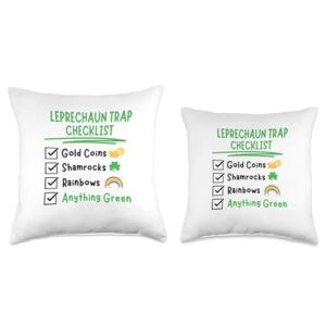 Cute Leprechaun Trap Checklist GoldCoin Shamrocks Leprechaun Trap Checklist Gold Coin Shamrocks Rainbows Green Throw Pillow, 16x16, Multicolor