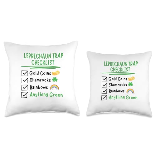 Cute Leprechaun Trap Checklist GoldCoin Shamrocks Leprechaun Trap Checklist Gold Coin Shamrocks Rainbows Green Throw Pillow, 16x16, Multicolor