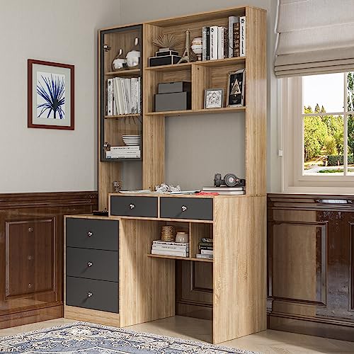 Homsee Computer Desk with Bookshelf & Glass Door, Modern Corner Desk with Storage Shelves, 47 Inch Large Writing Study Table with 5 Drawers & Open Cubes for Home Office, Brown and Grey