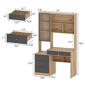 Homsee Computer Desk with Bookshelf & Glass Door, Modern Corner Desk with Storage Shelves, 47 Inch Large Writing Study Table with 5 Drawers & Open Cubes for Home Office, Brown and Grey