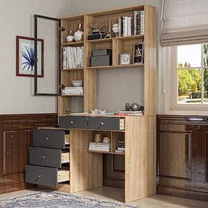 Homsee Computer Desk with Bookshelf & Glass Door, Modern Corner Desk with Storage Shelves, 47 Inch Large Writing Study Table with 5 Drawers & Open Cubes for Home Office, Brown and Grey