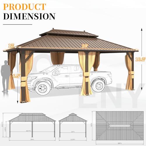 YOLENY 12' X 20' Hardtop Gazebo, Galvanized Steel Ventilation Double Roof Aluminum Frame, Curtains and Netting Included, Outdoor Gazebo for Garden, Patio, Lawns, Parties