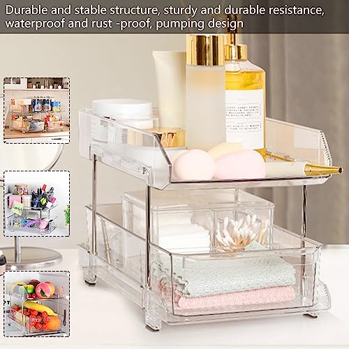 YESBAY Pull Out Organizers and Dividers Desktop Rack Double Layer with Dividers Pull-Out Design Multi-Purpose Stackable Trays Under Sink Closet Organizers Home for Kitchen Bathroom Cabinet Clear