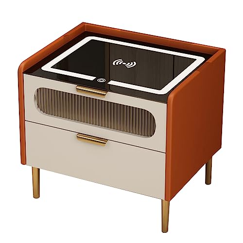 Nightstand with Charging Station and LED Lights, Side Tables Modern Design End Side Table with 2 Drawers, Nightstand Solid Wood (Color : Orange, Size : 15.7x15.7x20.5in)