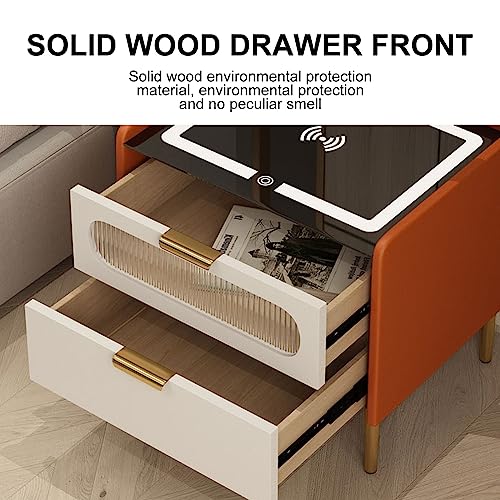 Nightstand with Charging Station and LED Lights, Side Tables Modern Design End Side Table with 2 Drawers, Nightstand Solid Wood (Color : Orange, Size : 15.7x15.7x20.5in)