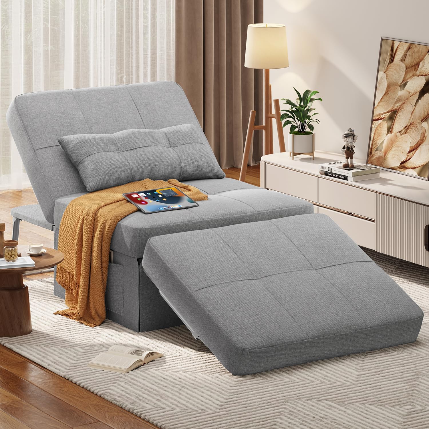 Aiho 4 in 1 Sofa Bed, Sleeper Chair Bed Convertible Chair, Assembly-Free Sofa Chair Bed with Adjustable Backrest Breathable Linen, for Living Room Apartment Office, Light Grey