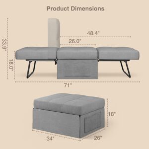 Aiho 4 in 1 Sofa Bed, Sleeper Chair Bed Convertible Chair, Assembly-Free Sofa Chair Bed with Adjustable Backrest Breathable Linen, for Living Room Apartment Office, Light Grey