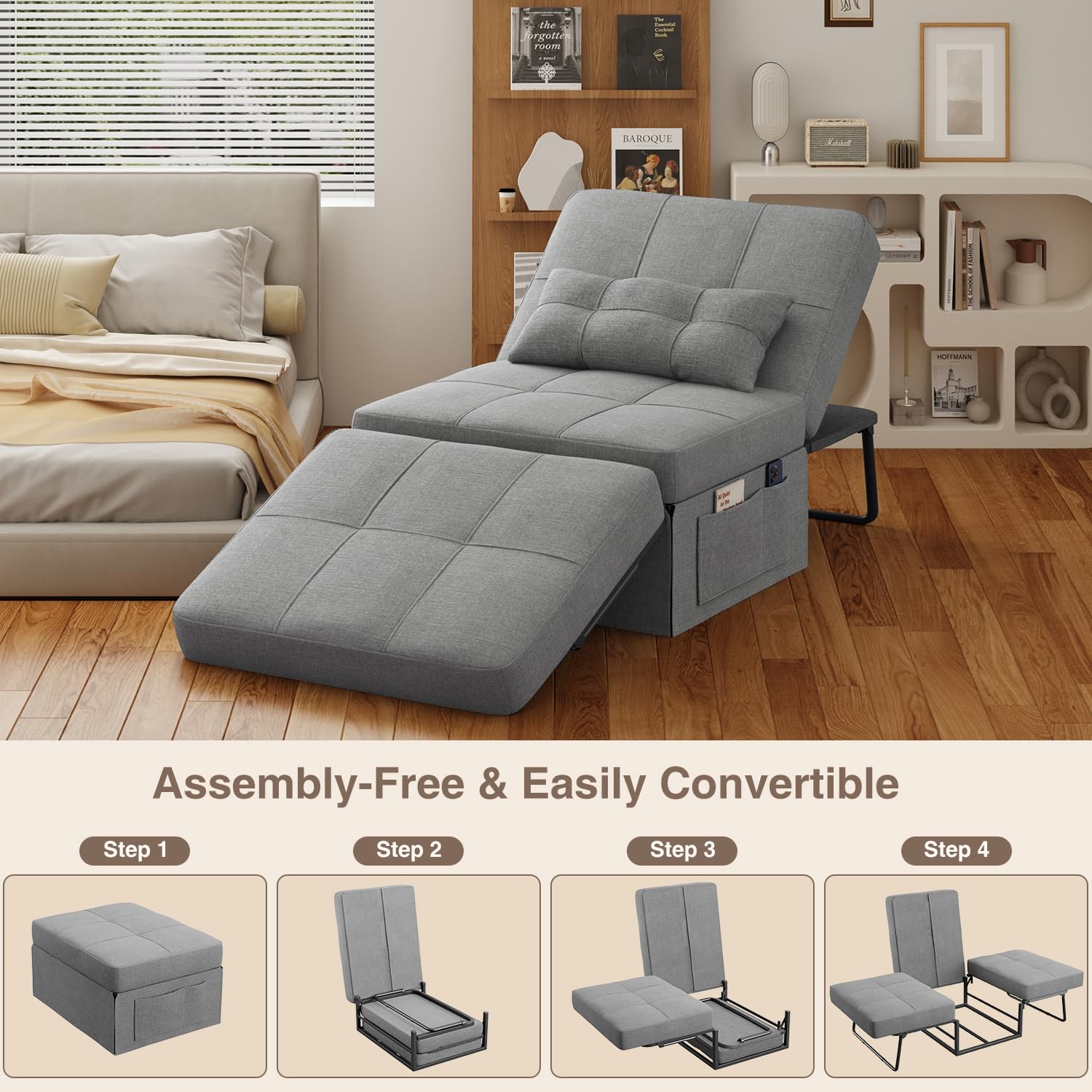 Aiho 4 in 1 Sofa Bed, Sleeper Chair Bed Convertible Chair, Assembly-Free Sofa Chair Bed with Adjustable Backrest Breathable Linen, for Living Room Apartment Office, Light Grey