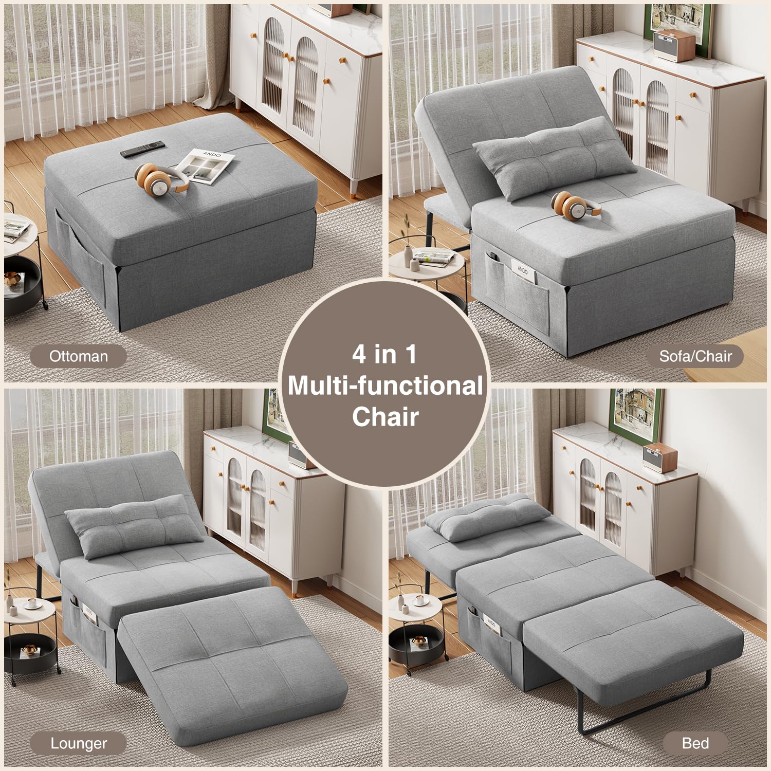 Aiho 4 in 1 Sofa Bed, Sleeper Chair Bed Convertible Chair, Assembly-Free Sofa Chair Bed with Adjustable Backrest Breathable Linen, for Living Room Apartment Office, Light Grey