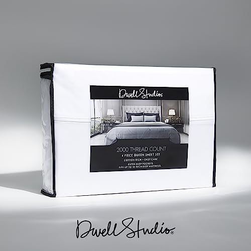 Dwell Studio 4-Piece 2000 Thread Count Cotton Rich Sheet Set - Deep Pocket, 4 Piece - 1 Flat, 1 Deep Pocket Fitted Sheet and 2 Pillowcases, Crisp Cool and Strong Bed Linen (Queen, White)