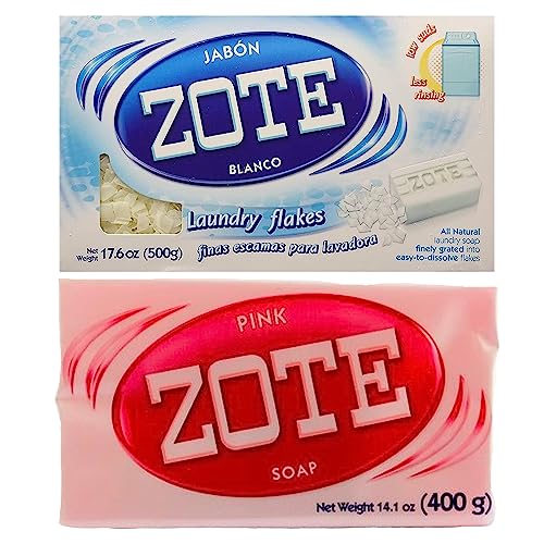 Jabon Zote Blanco Laundry Flakes 17.6 oz and Laundry Soap Bar Pink 14 oz, Stain Remover Laundry Detergent for Clothes Catfish Bait, Super Washing Travel Jabon Para Lavar Ropa Pink Underwear Clothes