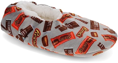 HERSHEY'S Sock Slippers For Kids, Reese's Peanut Butter Cup Candy Bar Print, Grey, Size Large (1-4 Big Kid)