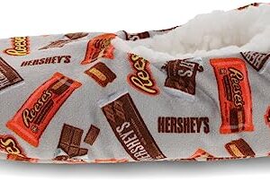 HERSHEY'S Sock Slippers For Kids, Reese's Peanut Butter Cup Candy Bar Print, Grey, Size Large (1-4 Big Kid)