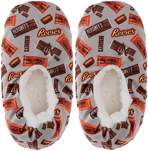 HERSHEY'S Sock Slippers For Kids, Reese's Peanut Butter Cup Candy Bar Print, Grey, Size Large (1-4 Big Kid)