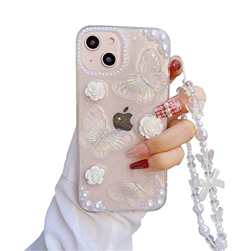 Faneiy for iPhone 13 Mini Case with Charm Chain Butterfly Flower 3D Cute Phone Case,Crystal Clear Shiny Case with Wrist Bracelet Pearl Shockproof for iPhone 13 Mini Case 5.4''