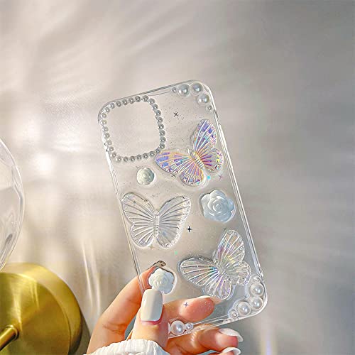 Faneiy for iPhone 13 Mini Case with Charm Chain Butterfly Flower 3D Cute Phone Case,Crystal Clear Shiny Case with Wrist Bracelet Pearl Shockproof for iPhone 13 Mini Case 5.4''