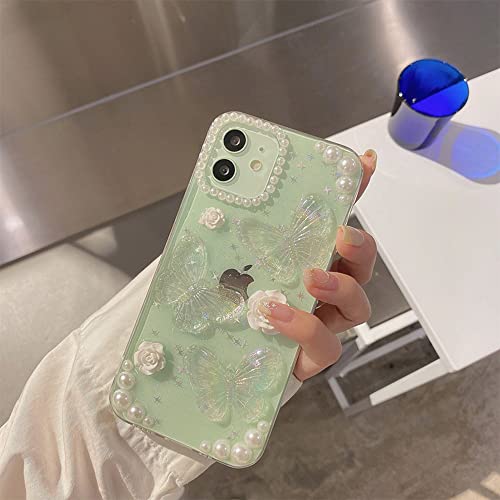 Faneiy for iPhone 13 Mini Case with Charm Chain Butterfly Flower 3D Cute Phone Case,Crystal Clear Shiny Case with Wrist Bracelet Pearl Shockproof for iPhone 13 Mini Case 5.4''