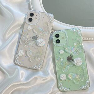 Faneiy for iPhone 13 Mini Case with Charm Chain Butterfly Flower 3D Cute Phone Case,Crystal Clear Shiny Case with Wrist Bracelet Pearl Shockproof for iPhone 13 Mini Case 5.4''